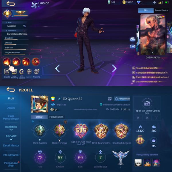 Beli Akun Mobile Legends KoF Gusion K' Mobile Legends Terlengkap dan ...