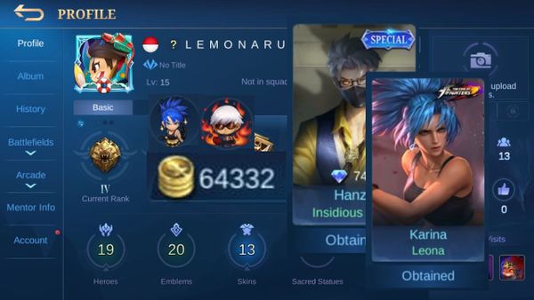 Buy Account BP Account 64 thousand Special Hanzo Skin Mobile Legends ...