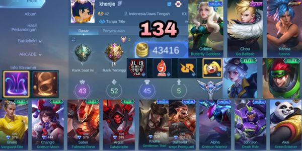 Beli Akun AKUN ML 134 - EX MYTHIC, EMOTE BANYAK. SKIN KOF KARINA, STAR ...