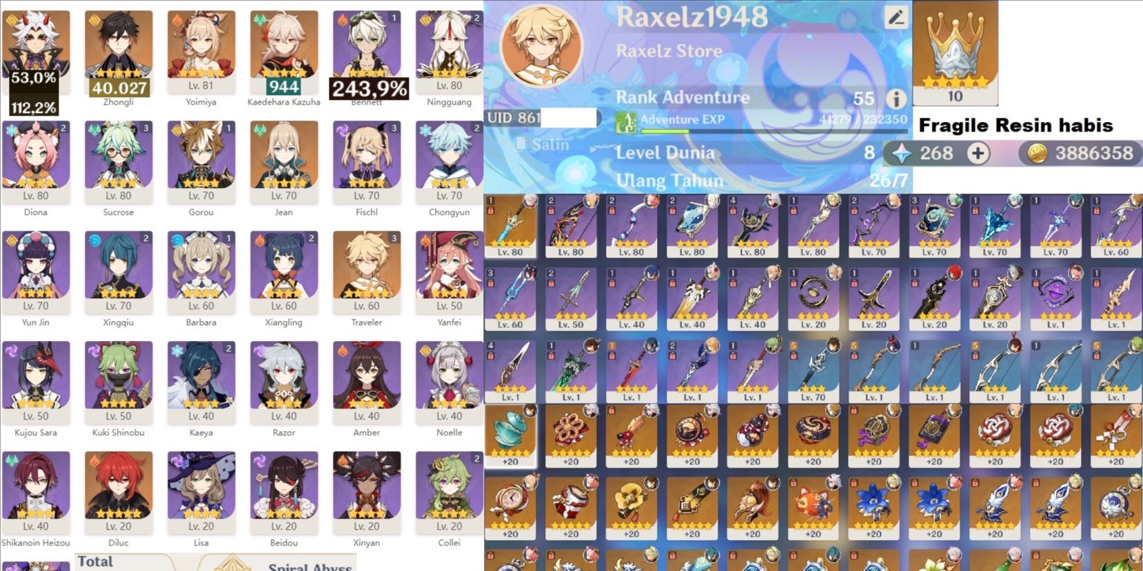 Beli Akun Zhongli, Kazuha Freedom-Sworn, Yoimiya, Itto, Jean, Diluc (No ...