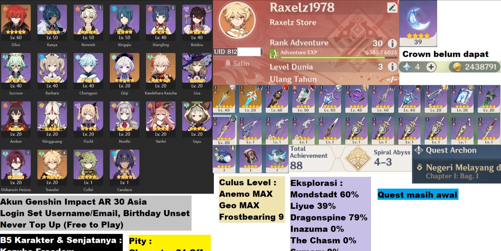 Beli Akun Kazuha Freedom-Sworn, Diluc, Qiqi, Sky Blade (No.1978 ...