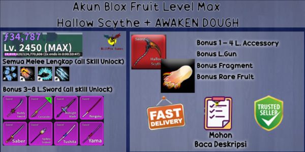 Beli Akun Akun Level Max ( Hallow Scythe AWAKEN DOUGH) Blox Fruits ...