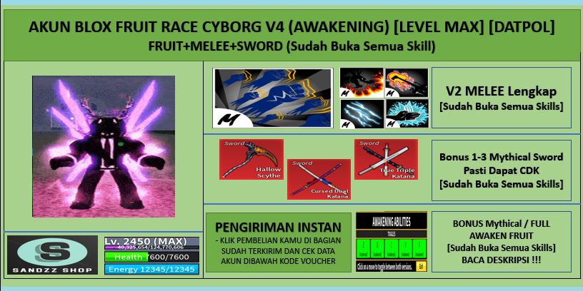 Beli Akun Akun Blox Fruit Race Cyborg V4 (Awakening) [Level MAX][Melee ...
