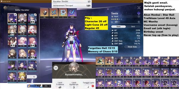 Beli Akun Seele, Jing Yuan, Bronya, Clara, LC Himeko, Trailblaze Level ...