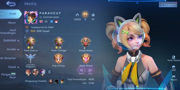 Beli Akun Akun Stun Chou | Hero 75 | Skin 87 | Epic Selena | Valentine ...