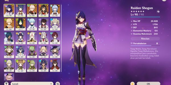 Beli Akun Raiden shogun, kazuha SIGNATURE, ganyu, dehya, tighnari + 4 WEAPON B5 (2 SIGNATURE WP ...