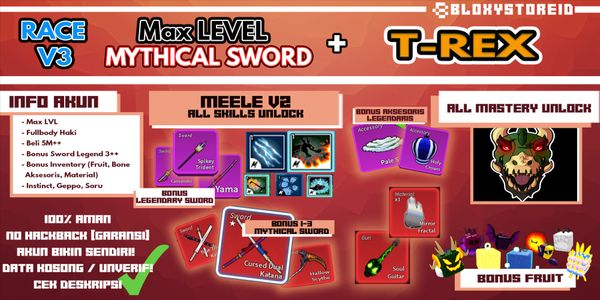 Buy Account Blox Fruit Account {T-Rex (TREX) + MYTHICAL SWORD} [Level ...