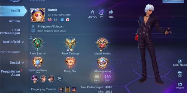 Beli Akun HERO 95 EMBLEM ALL MAX + KOF GUSION + EPIC LIMIT FREYA + STUN CHOU + PAQUITO LINCESED ...