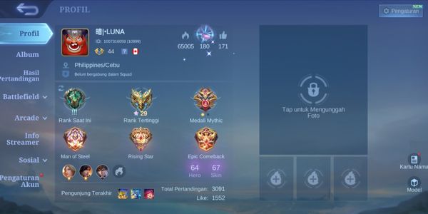 Beli Akun RECALL SEAL OF ANVIL HERO 64 SKIN 67 EMBLEM 2 MAX EPIC ANGELA ...