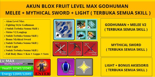 Beli Akun Akun Blox Fruit LIGHT+GODHUMAN+MYTHICAL SWORD Level MAX ...