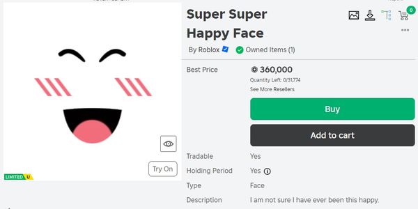 Buy Item Super Super Happy Face SSHF - Limited U Face Roblox 2592589 ...