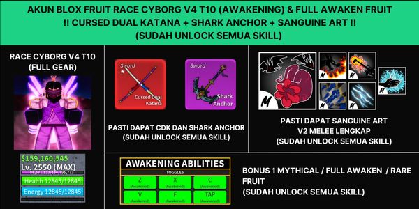 Buy Account Akun Blox Fruit Sanguine Art + Race Cyborg V4 T10 Full Gear ...