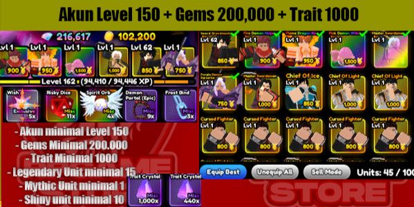 Buy Account Account Lvl 150 + 200k Gems + 1200 Trait + 1 Mythic + 15 ...