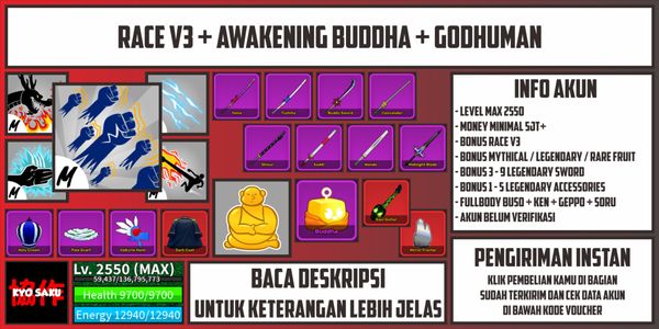 Buy Account Akun Blox Fruit [Race V3 + Awakening Buddha + Godhuman ...