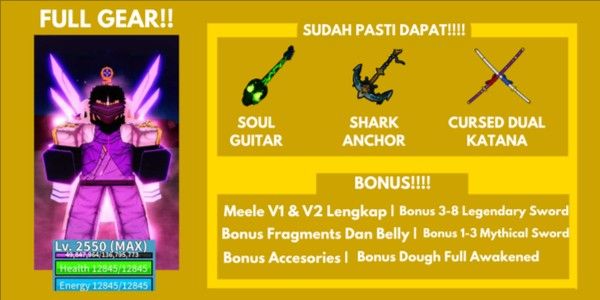 Beli Akun Akun Bloxfruit Light V2 + Cyborg V4 + (Shark Anchor + Soul Guitar + Cursed Dual Katana ...